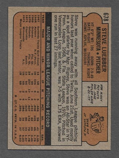Blazer 1972 Topps Baseball Hi 678 Steve Luebber Nm Mt Card High Near
