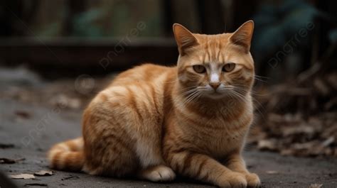 밖에 앉아있는 주황색 태비 고양이 공원의 귀여운 고양이 공원에 자리잡은 길고양이 고화질 사진 사진 고양이 배경 일러스트 및