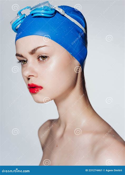 Woman With Bare Shoulders Swimming Goggles Red Lips Sport Fitness Stock