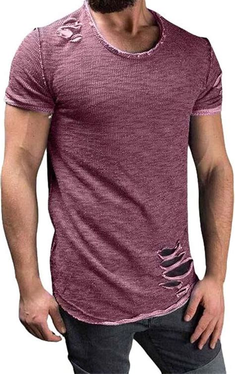 Mens Ripped T Shirt Slim Fit Distressed Denim Shirt With Embroidery