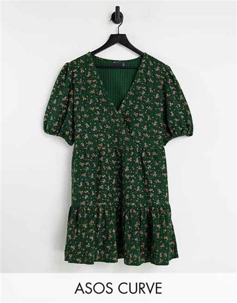 Asos Design Curve Textured Mini Wrap Dress With Pep Hem In Forest Green