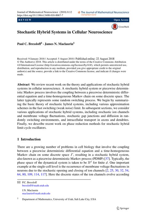 Pdf Stochastic Hybrid Systems In Cellular Neuroscience