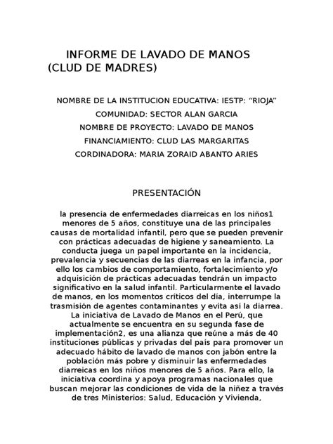 Informe De Lavado De Manos Pdf Lavado De Manos Diarrea