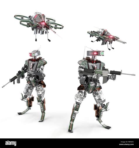 Autonomous Weapons Squad With Two Drones And Two Robots 3d Rendering