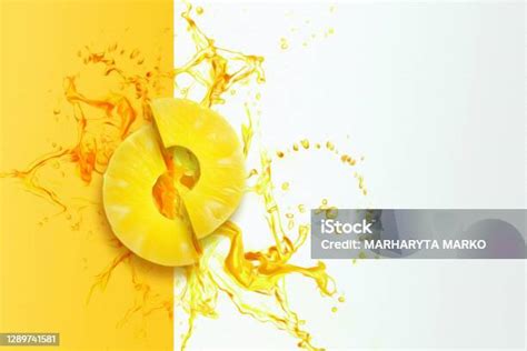 파인애플 링에 노란색 주스 상단 보기의 스플래시 과일 배경 음식 신선함 광고판 포스터에 대한 개념 3d 일러스트레이션 3d 렌더링 3차원 형태에 대한 스톡 사진 및 기타