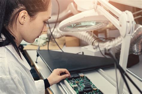 아름 다운 여성 컴퓨터 전문가 전문 기술자는 공장에 있는 실험실에서 보드 컴퓨터를 검사 문제 해결 기술 지원입니다 공학 제조