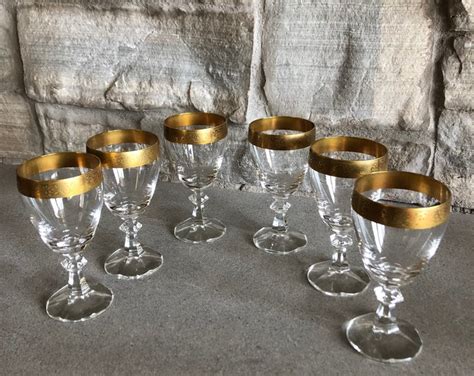 Vintage Gold Rimmed Crystal Wine Glasses Gold Rim Glassware Set Of 6