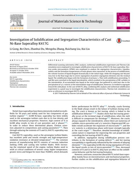 Pdf Investigation Of Solidification And Segregation Characteristics Of Cast Ni Base Superalloy