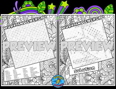 Work And Energy Word Search Puzzle Activity Page With Colouring