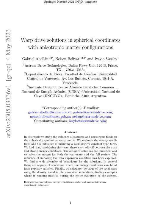 Pdf Warp Drive Solutions In Spherical Coordinates With Anisotropic Matter Configurations
