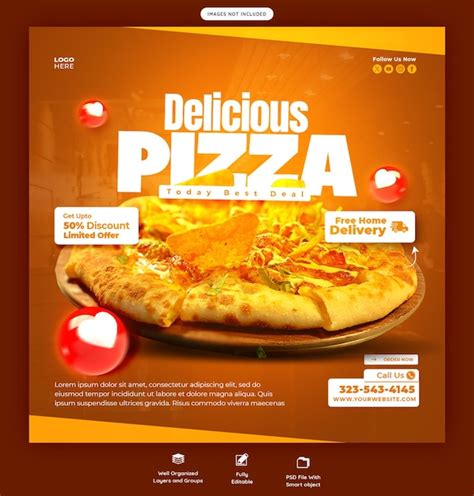 음식 메뉴와 맛있는 피자 소셜 미디어 배너 또는 인스타그램 포스트 템플릿 무료 Psd 파일