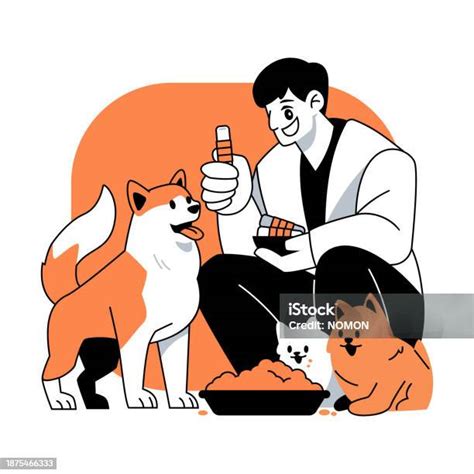 남자 먹이는 것 고양이와 개 벡터 삽화 에서 편평한 선 만화 스타일 강아지 사료에 대한 스톡 벡터 아트 및 기타 이미지