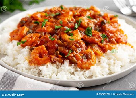 Homemade Cuban Shrimp Creole On A Plate On A Gray Surface Side View