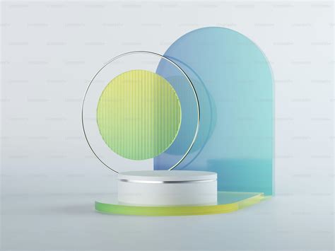 3d 렌더링 파란색 녹색 반투명 유리 모양이 있는 추상 기하학적 배경 현대적인 미니멀 쇼케이스 모형 빈 받침대 빈 연단 상업용 제품 전시를 위한 무대 플랫폼 사진