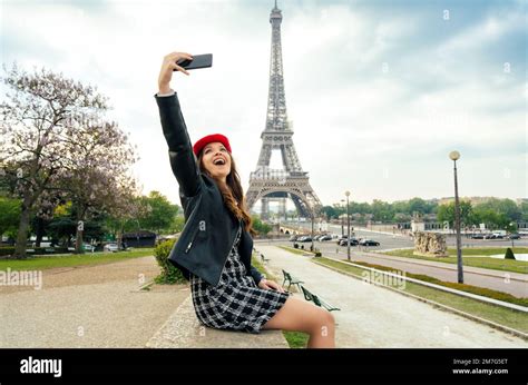 Beautiful Young Woman Visiting Paris And The Eiffel Tower Parisian