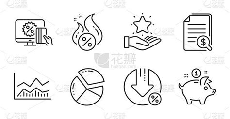 贷款百分比，网上购物和金融文档图标设置。向量
