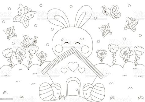 스칸디나비아 스타일의 부활절 달걀이 있는 집에 토끼 캐릭터가 누워 있는 부활절 휴일을 위한 귀여운 색칠 공부 페이지 부활제에 대한 스톡 벡터 아트 및 기타 이미지 Istock