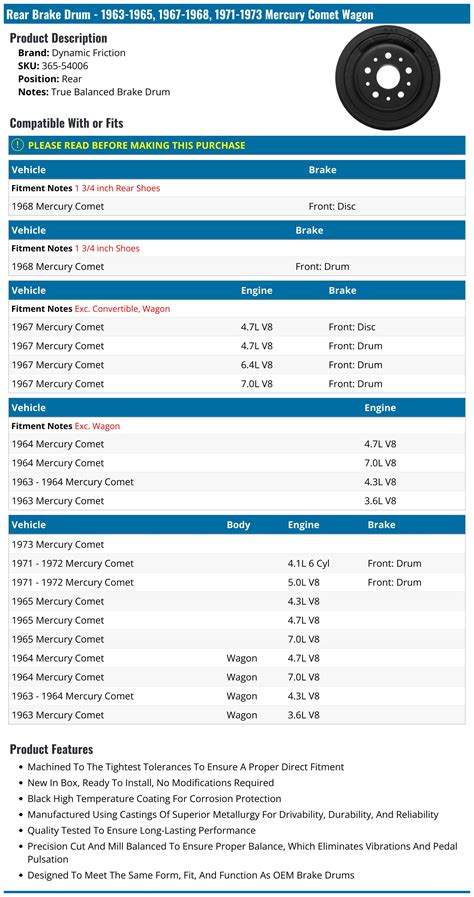 1963 1965 1968 1971 1973 Mercury Comet Brake Drum Dynamic Friction 365 54006 Rear