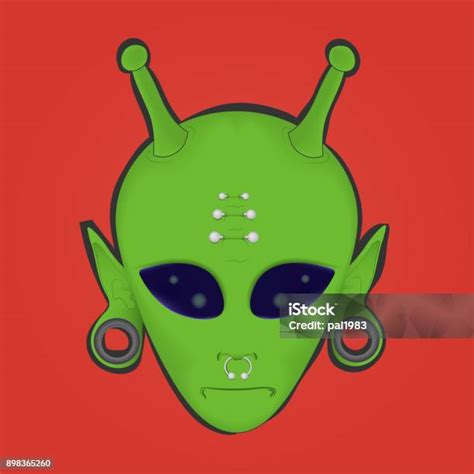 피어 싱과 빨간색 배경에 뻗어 귀와 녹색 외계인 얼굴의 벡터 일러스트 레이 션 개인 장식품에 대한 스톡 벡터 아트 및 기타