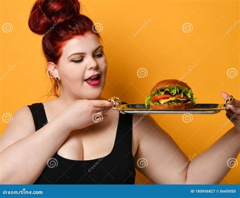 Big Fat Woman Happy Hold Burger Cheeseburger Sandwich With Beef On