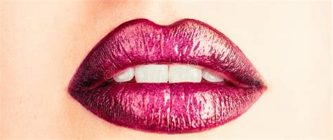 Purple Lipstick Perfect Natural Lip Makeup Close Up Beautiful Lips
