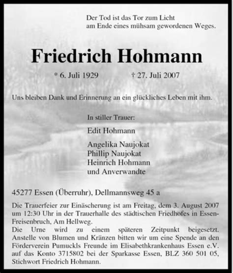 Traueranzeigen Von Friedrich Hohmann Trauer In Nrwde