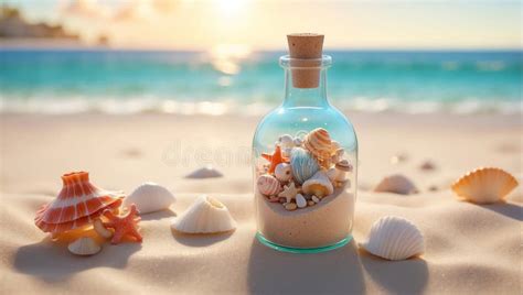 A Glass Jar Filled With Shells On A Tropical Sea Beach Sand Souvenir