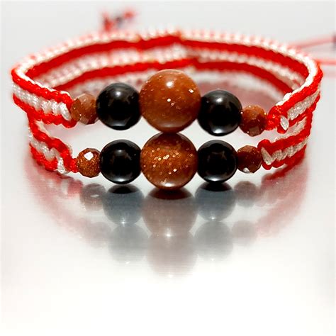 Set 2 Bratari Martisor Artdeco Impletite Manual Din Snur Rosu Si Alb Cu Pietre Semipretioase