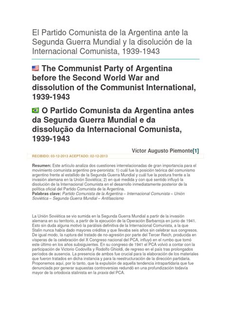 Víctor Augusto Piemonte El Partido Comunista De La Argentina Ante La