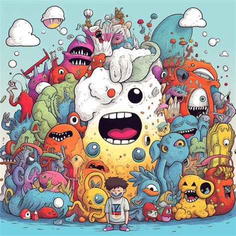 Cartoon Monster Illustration Hand Drawn Cartoon Herd Colorful Doodle Pattern Premium Ai