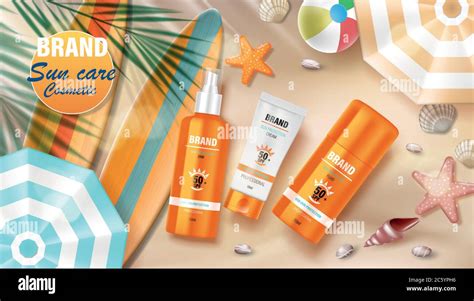 Sun protection, sunscreen and Sunblock ads design, top view. Cosmetic ...