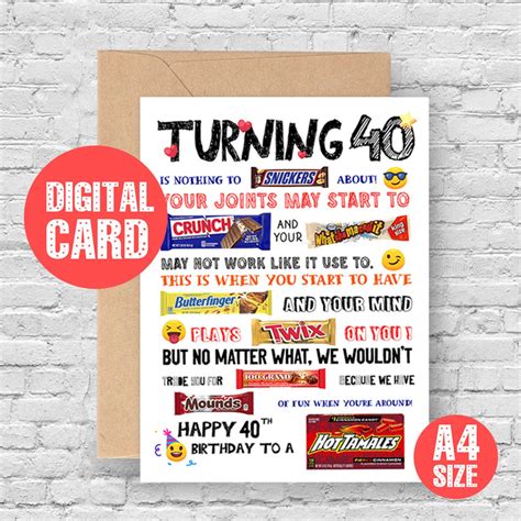 Turning 40 Printable Birthday Candy Gram Card Printable 40th Etsy