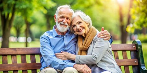 Una Pareja De Ancianos Felices Se Abrazan En Un Banco De Madera En El