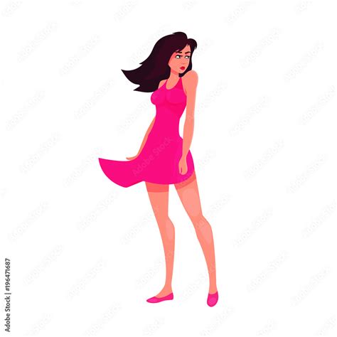 Beautiful Young Woman Girl In Pink Dress Stand On Wind Vector Flat Cartoon Illustration