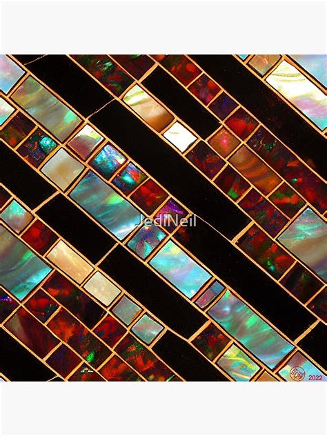 Fire Opal And Mother Of Pearl Mosaic Inlay With Gold Poster For Sale