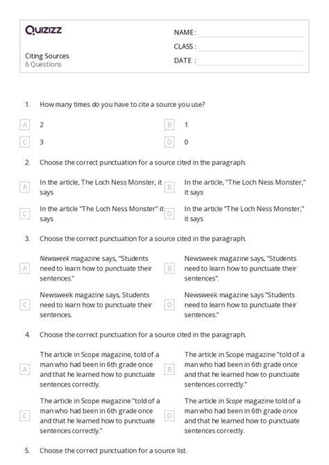 50 Citing Sources Worksheets For 6th Year On Quizizz Free And Printable