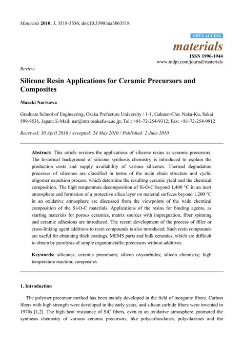 Pdf Silicone Resin Applications For Ceramic Precursors And Composites