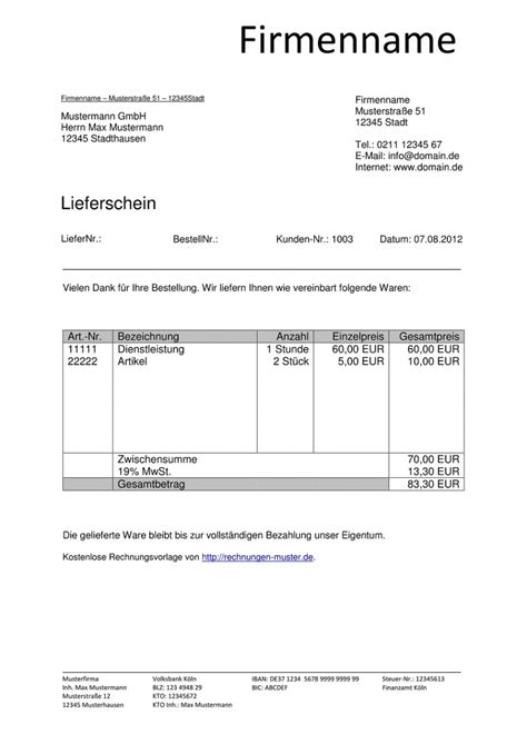 Das Beispiel Von Lieferschein Vorlage Kostenlos Herunterladen