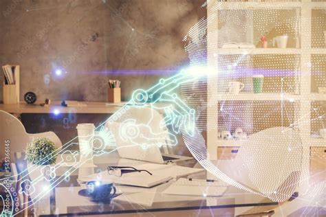 Double Exposure Of Tech Theme Drawings And Office Interior Background Technology Concept Stock