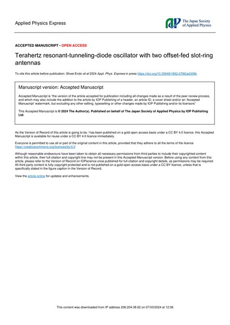 Pdf Terahertz Resonant Tunneling Diode Oscillator With Two Offset Fed Slot Ring Antennas