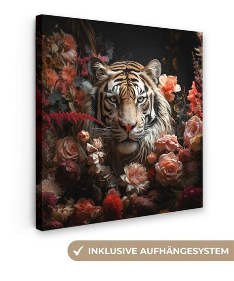 Onemillioncanvasses® Leinwandbild Tiger Tier Natur Floral