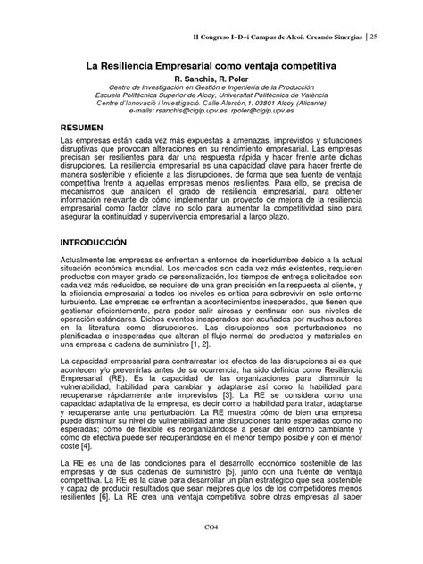 A Resiliencia Empresarial Como Ventaja Competitiva Pdf Evaluación