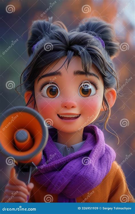 Animated Girl With Brown Hair And Big Eyes Holding A Megaphone Stock