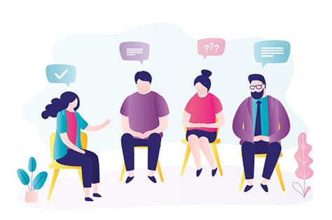 심리 치료사는 집단 세션에서 사람들을 돕습니다 심리학자는 대화를 통해 정신적 문제에 대처하는 데 도움을줍니다 치료사와의 상담을 통한 그룹 지원 의사에 대한 스톡 벡터 아트