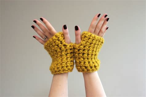 Mustard Yellow Chunky Crochet Wrist Warmers Fingerless Gloves In