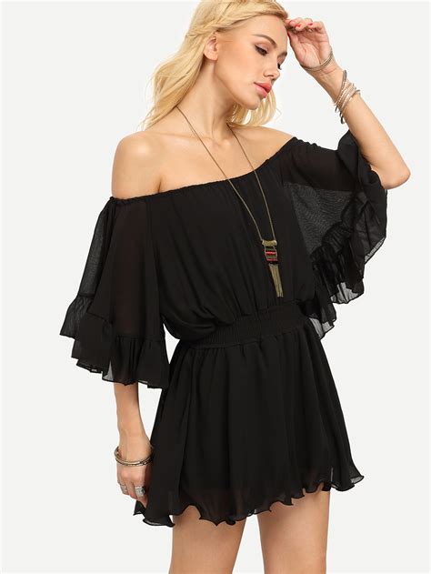 Off The Shoulder Ruffled Chiffon Romper Black Shein Sheinside