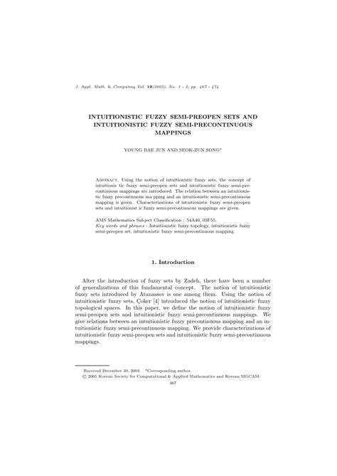 Pdf Intuitionistic Fuzzy Semi Preopen Sets And Intuitionistic Fuzzy Semi Precontinuous Mappings