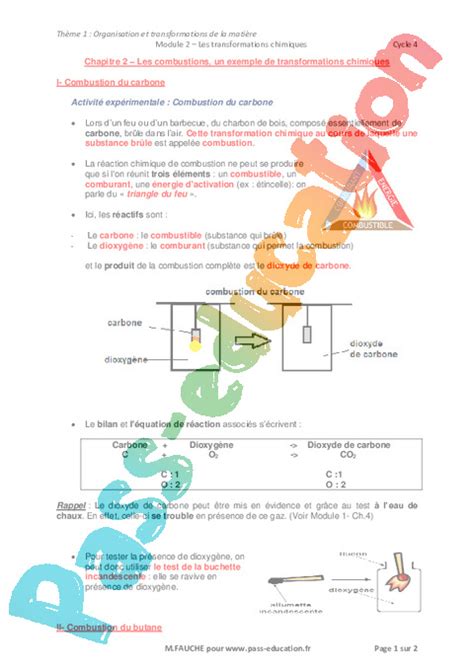 Cours Les combustions un exemple de transformations chimiques 4ème