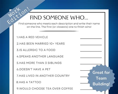 Find Someone Who Work Game Team Building Game Printable Office Game