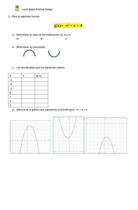 Función Cuadrática Interactive Worksheet For 2° Medio Live Worksheets